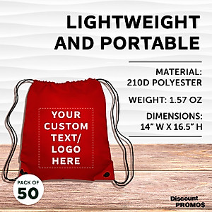 DISCOUNT PROMOS Custom Classic Polyester Drawstring Bags Set of 50, Personalized Bulk Pack - Bring Everywhere You Go, Great for Travelling, Gym and for Everyday Use - Red