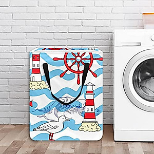 Seagull Lighthouse Wheel Wave Sea Ocean Pattern Print Collapsible Laundry Hamper, 60L Waterproof Laundry Baskets Washing Bin Clothes Toys Storage for Dorm Bathroom Bedroom