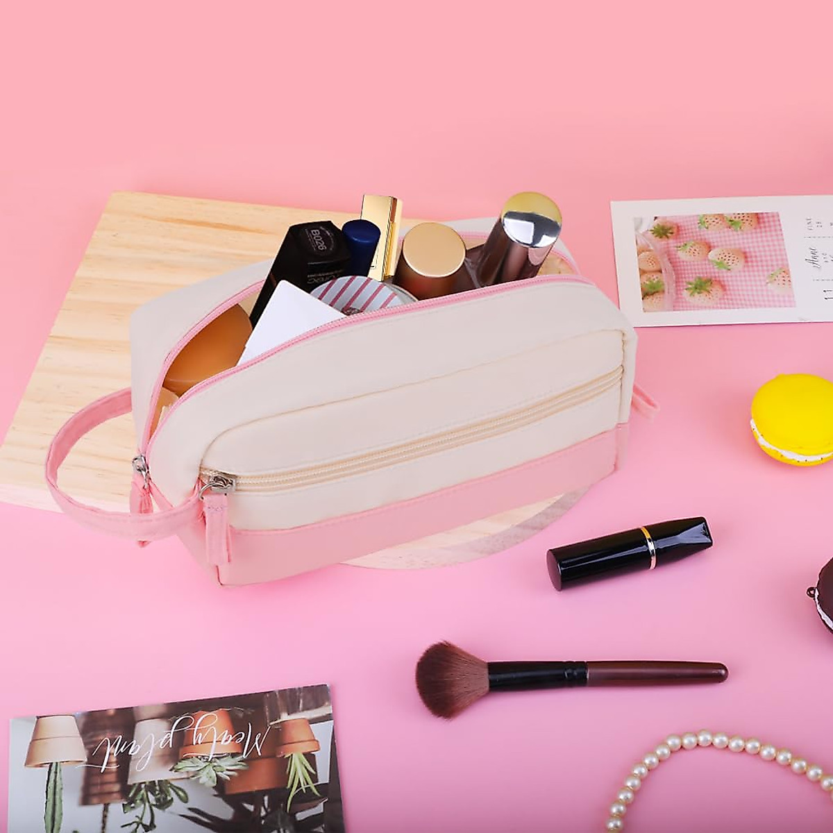 Oyachic Big Capacity Pencil Case Double Zipper Pen Pouch Organizer Storage Cosmetic Makeup Bag with Handle for Adults Women Office (Pink)