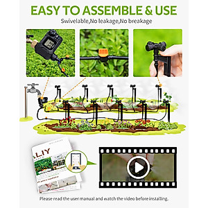 HIRALIY 65FT Automatic Drip Irrigation Kits with Garden Timer, 1/4" Blank Tubing and 4-outlets Misting Watering Nozzles, Auto Plant Watering System for Patio Lawn, Watering Regularly by Timer