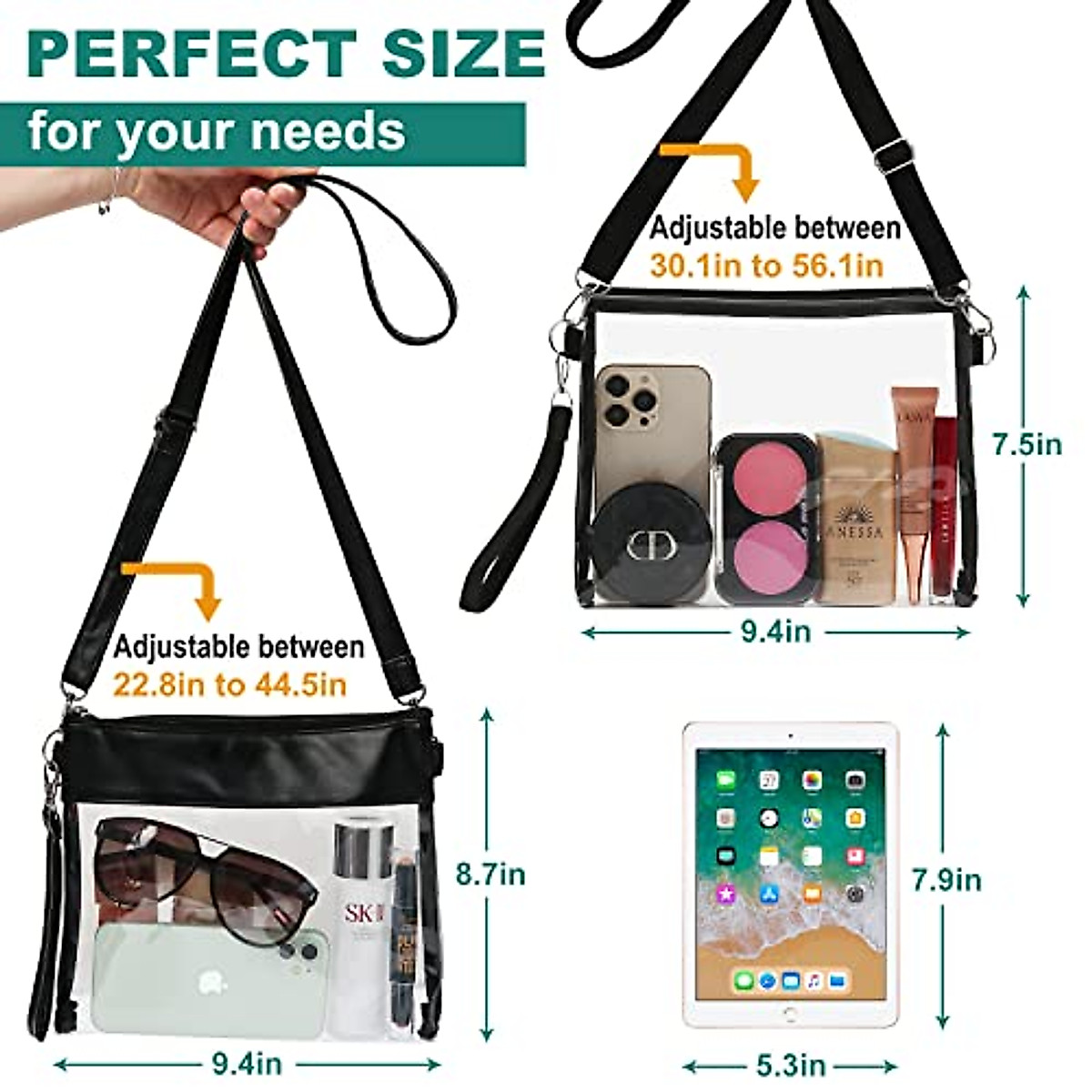 AURUZA 2 PCS Clear Purse Stadium Approved Clear Crossbody Bag for Women, Transparent Clear Bag with Adjustable Shoulder Strap for Concerts Sport Events Travel Work Beach