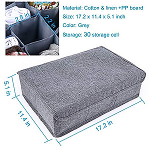 Socks Organizer with Lid, 30 Cell Underwear Drawer Organizer Foldable Closet Storage Box for Ties, Lingeries, Socks - Gray