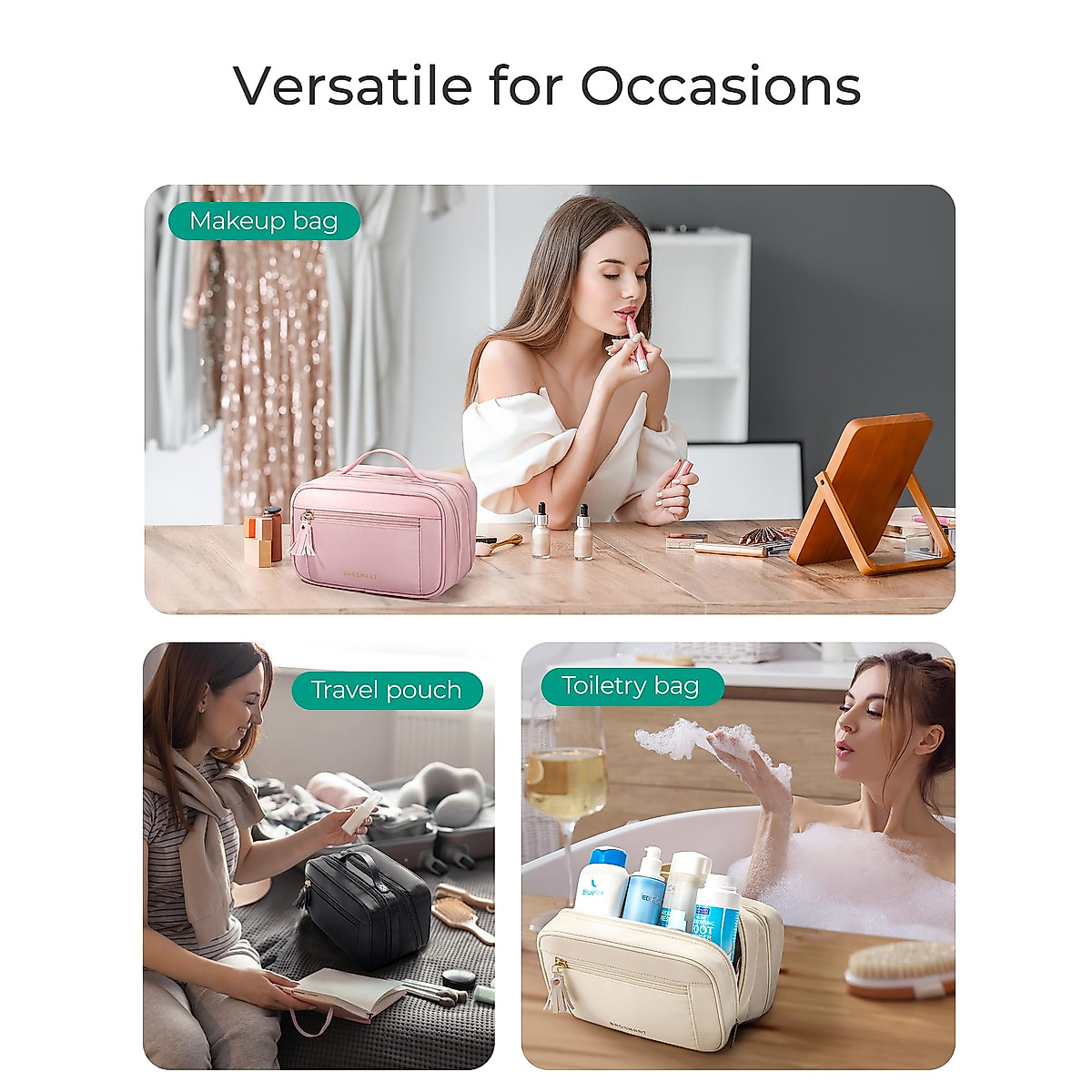 BAGSMART Large Makeup Bag Organizer,Double-Layer Travel Cosmetic Case with Acrylic Mirror,Makeup Train Case with Adjustable Dividers Women Cosmetics Makeup Brushes Toiletries,Black