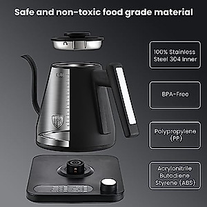Tisanio Electric Gooseneck Kettle with LCD Display Temperature Control, Pour Over Coffee Kettle & Tea Kettle, Auto Shut-off, 100% Stainlee Steel, 1200 Watt Quick Heating, 0.8L, Black