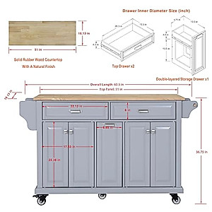 Cambridge Rolling Kitchen Island on Wheels Utility Cart with Spice and Towel Racks and Rubber Wood Countertop, Storage Drawers, Door Cabinets, Gray