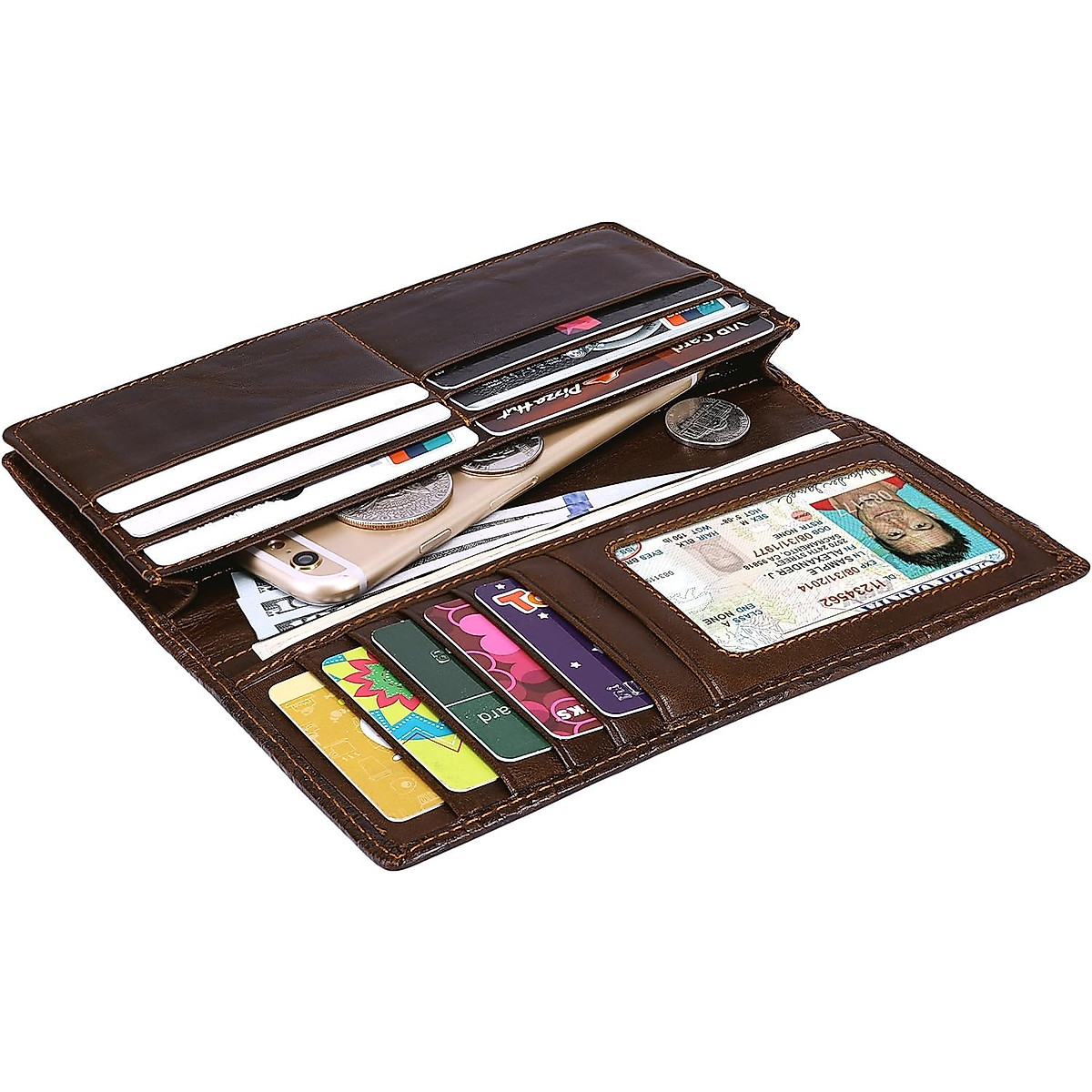 Itslife Men's RFID Vintage Look Genuine Leather Long Bifold Wallet Checkbook Wallets for Men