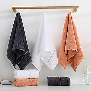 YiLUOMO Hand Towel Set of 2 Soft 100% Cotton Towels Gold Line Embroidered Design Absorbent Terry Bath Hand Towels for Bathroom Decorative Hotel, Gym, Pool 13x 29 Inch (Coral)