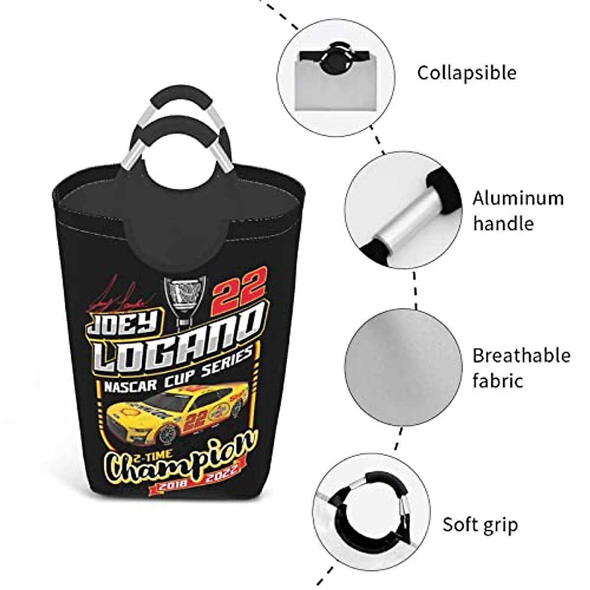 Joey Logano 22 Large Laundry Basket Laundry Hamper Bag Washing Bin Clothes Bag Collapsible Tall with Handles Waterproof Bathroom College Essentials Storage for College Dorm, Family