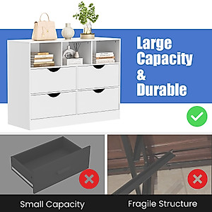 Housoul 4 Drawers Dresser with Open Cube, Chest of Drawers, Dresser for Bedroom, Fabric PU Drawer Dresser, White Dresser with Large Organizer, Closet Dresser with 4 Drawers, White