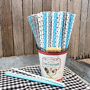 Polka Dot Paper Straws - Light Blue Silver White - 7.75 Inches - 100 Pack - Outside the Box Papers Brand