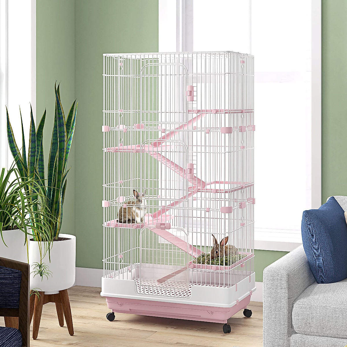 PawHut 6-Level Small Animal Cage Rabbit Hutch with Wheels, Removable Tray, Platform and Ramp for Bunny, Chinchillas, Ferret, Pink