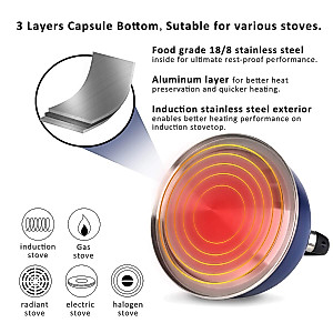 Rorence Stainless Steel Whistling kettle: 2.6 Quart with Capsule Bottom & Heat-resistant Glass Lid – Navy Blue