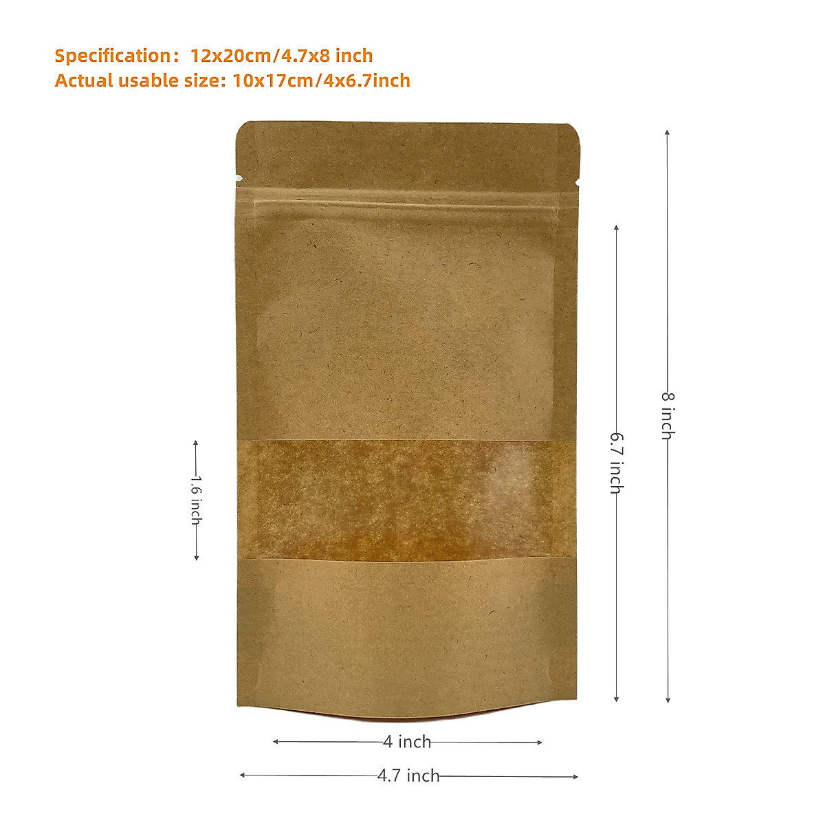 Palmhomee Pack of 48 Kraft Stand Up Pouches Kraft Pouches with Window Zip Lock Pouches Sealable Bag Foil Pouch Self Sealing Pouch for Food Storage (4.7x8 inch, Brown)