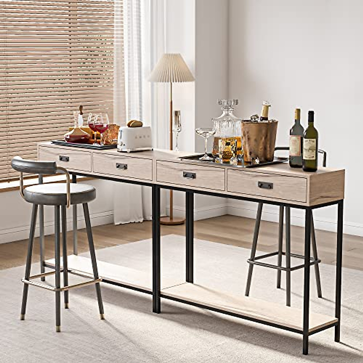 roomfitters Oak Wood Console Table with 2 Drawers, Hallway Foyer Table with Storage Shelves, Narrow Long Sofa Table, Side Table for Living Room, Hallway, Black Metal Frame, Rustic Brown