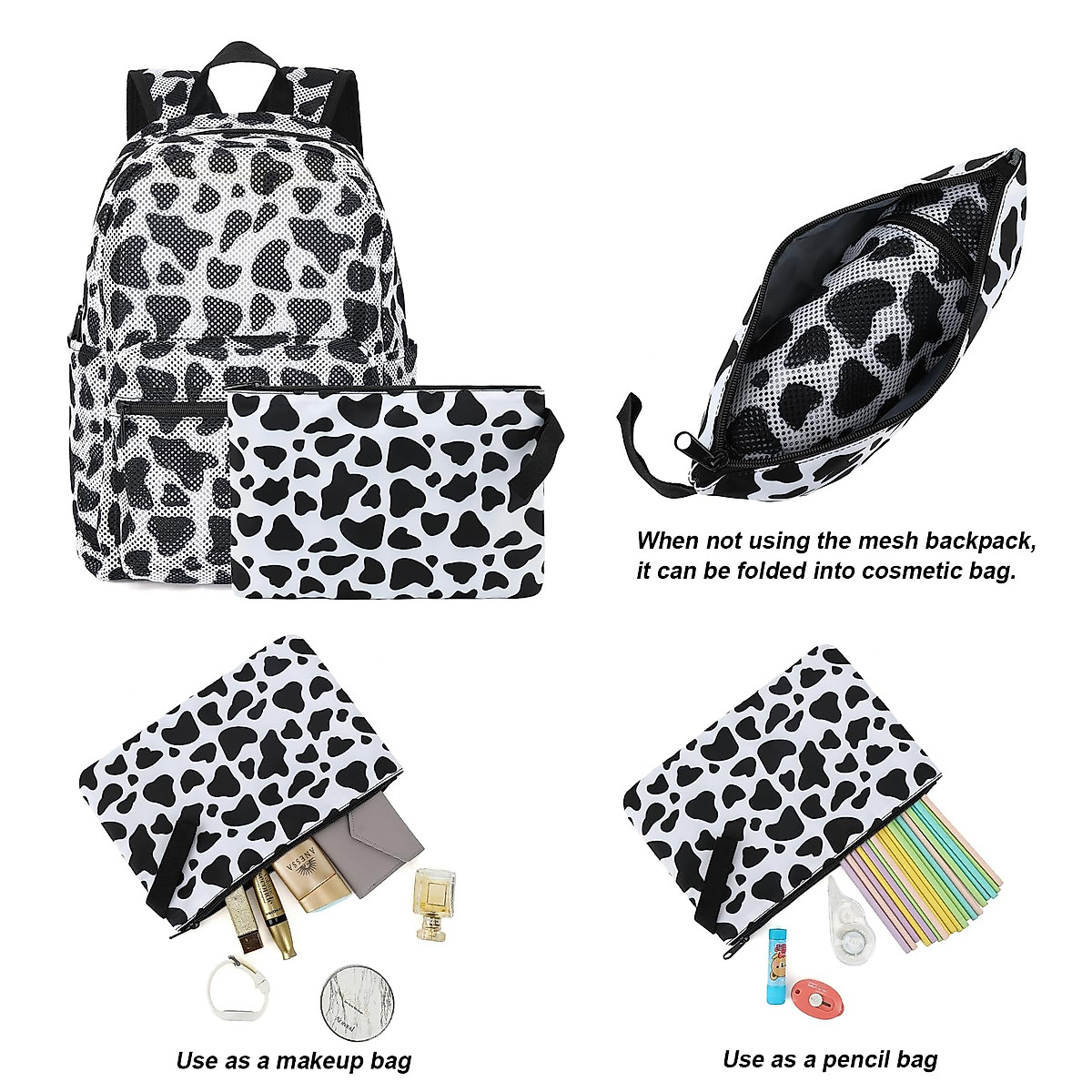 Yusudan Cow Print Mesh Backpack for Girls, Kids Semi-Transparent School Bookbag Women See Through Beach Bag Daypack