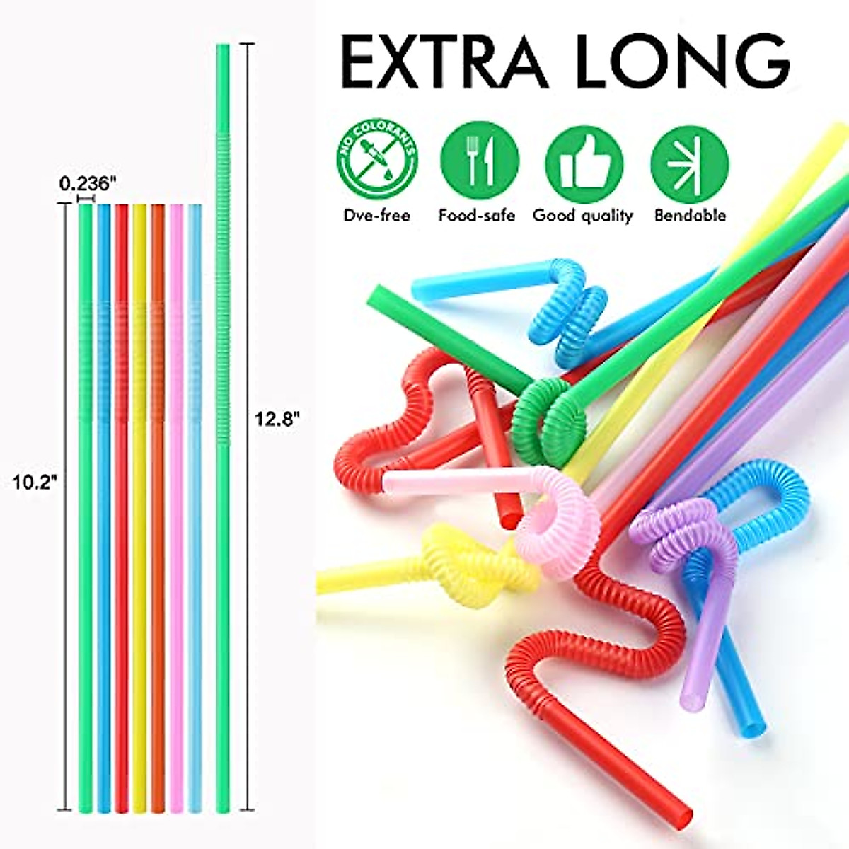 200 Pcs Disposable Drinking Straws, Colorful Long Flexible Bendy Straws (0.23'' diameter and 10.2" long)