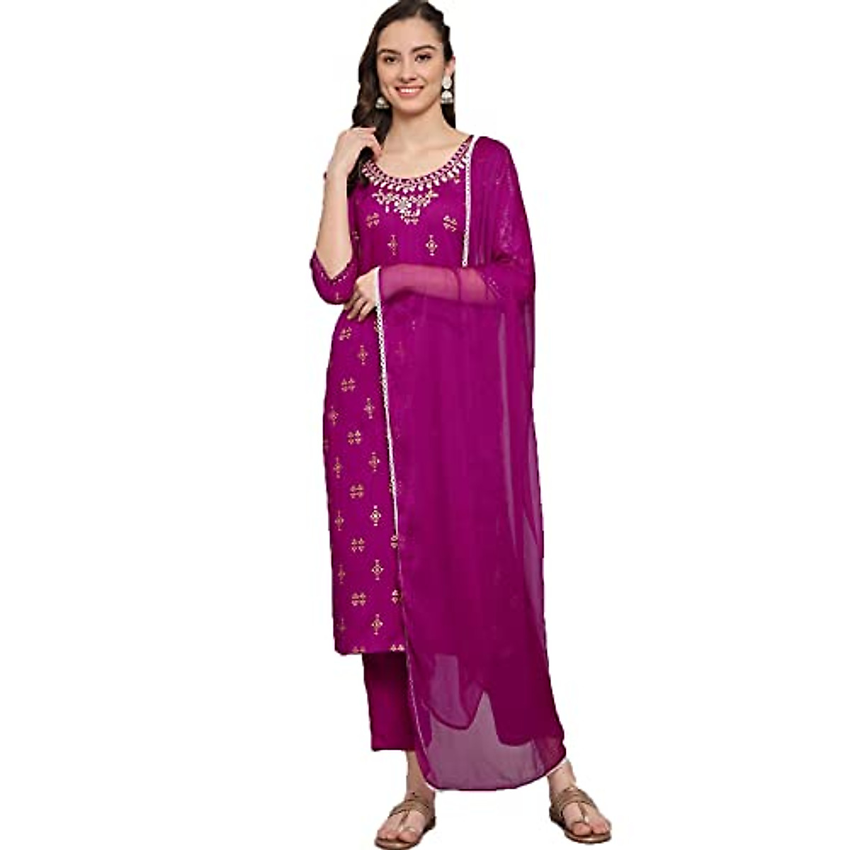 Chandrakala Women's Rayon kurti 3/4th Sleeve Straight Kurti Pant Set,Small,Purple (K228PUR1)