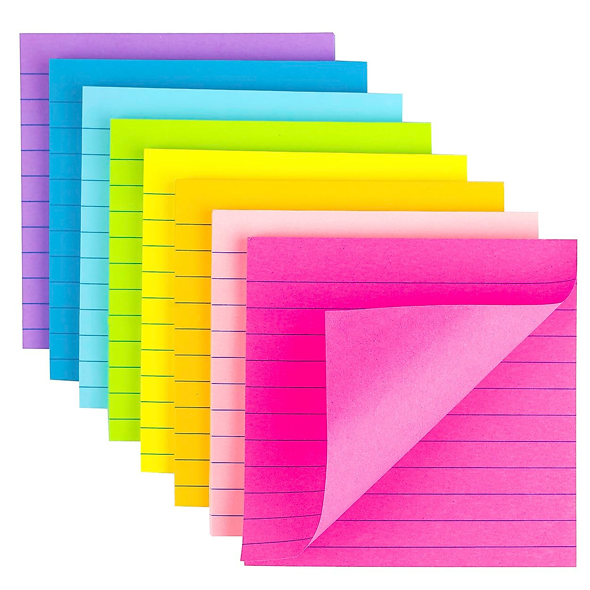 (8 Pack) Lined Sticky Notes 4x4 Bright Stickies Colorful Super Sticking Power Memo Pads, 8 Colors, Strong Adhesive