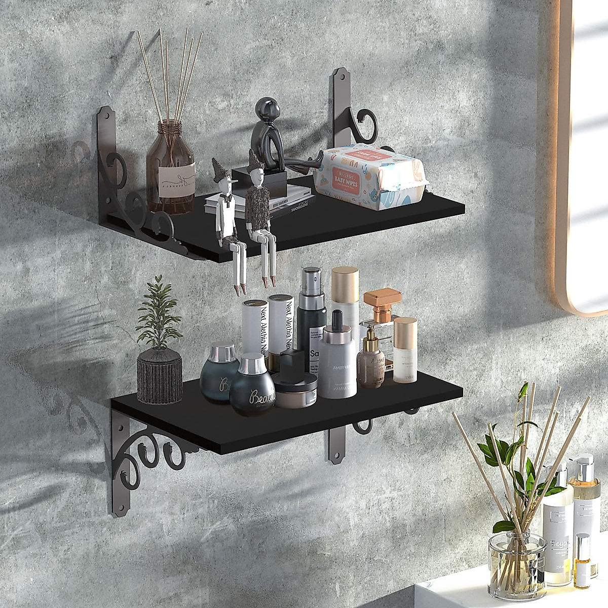 IARTOPS Decorative Floating Shelves for Wall, 12 Inch Deep Wall Mounted Shelves Set of 2, Wide Storage and Display Shelf with Brackets for Living Room, Bedroom, Bathroom, Office and Books, Black