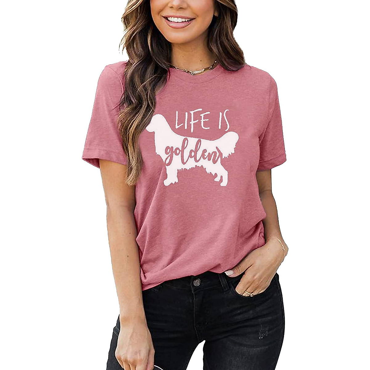 Life is Golden Shirt for Women Cute Dog Mom Graphic Short Sleeve Casual Mama Gifts T-Shirt (Pink, XL)
