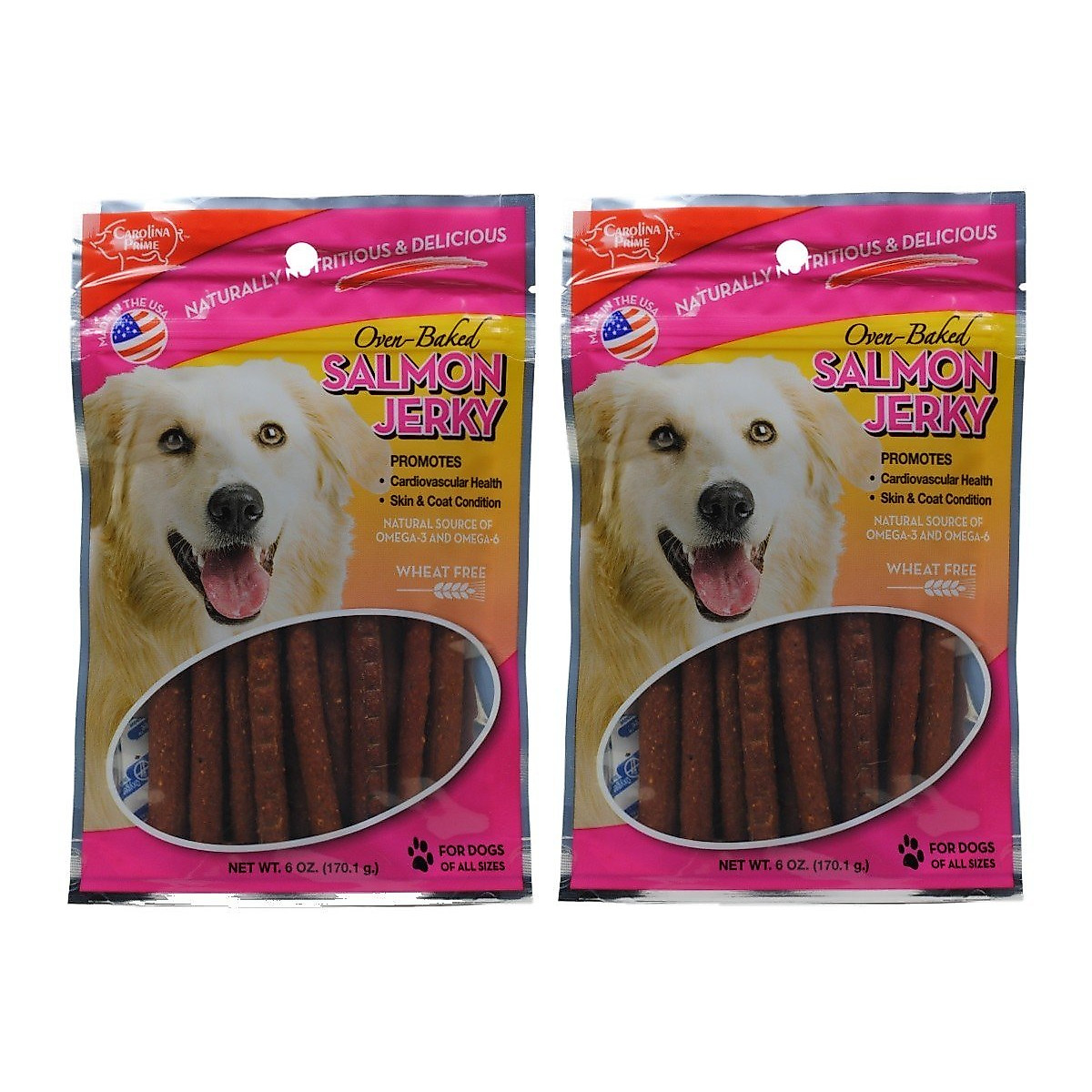 Carolina Prime 2 Pack of Oven-Baked Salmon Jerky Wheat-Free Dog Treats, 6 Ounces each, Made in the USA