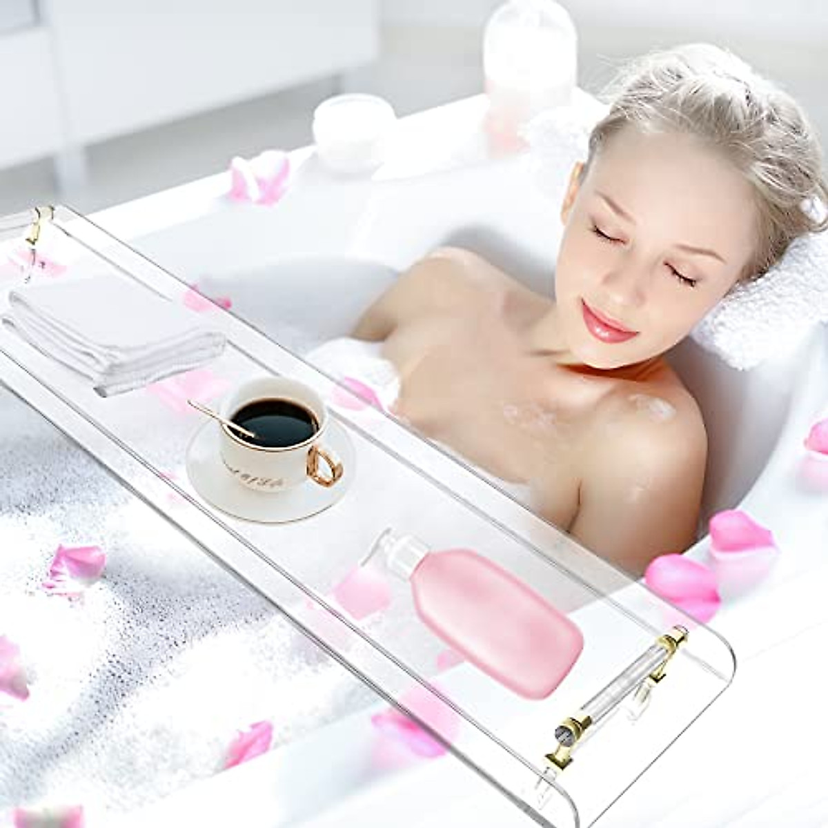 AKaSping 31" Bathtub Rack Clear Bathtub Tray Caddy Tub Shelf Spa Board with Handles Waterproof Bathroom Bathtub Table for Phone Candles Food Wine Glass