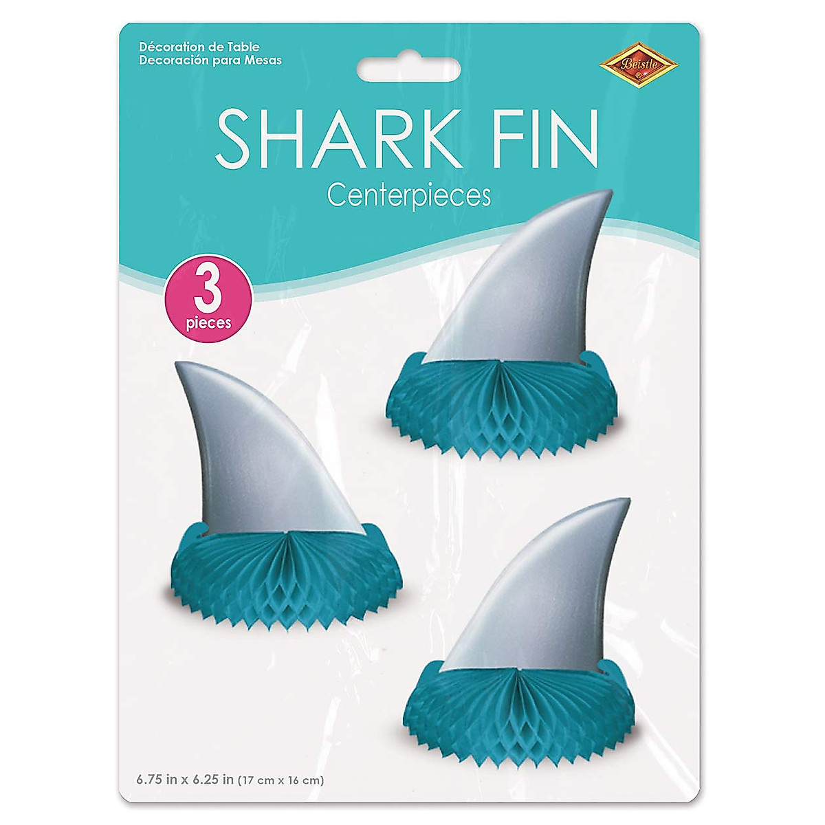 Beistle 3 Piece Shark Theme Party Supplies Birthday Decorations Table Centerpieces, Gray/Blue, 6.75" x 6.25"