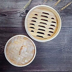 Yuho Asian Kitchen 6 Inch Bamboo Steamer Basket, Individually Box, 2 Tiers & Lid, 10 Parchment Liners, Perfect For Steaming Dumplings, Vegetables, Meat, Fish, Rice (Holiday Gifts)