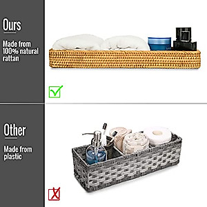 CELEZAR Rattan Toilet Tank Basket Woven Guest Towel Holder Decorative Wicker Tray 17" x 6" x 2" for Serving Bread or Shelves Bathroom Counter Organizers and Storage (17 x 6 x 2 inches, Honey Brown)