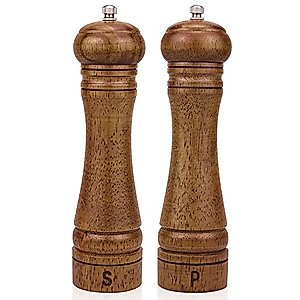 XWXO Wood Salt and Pepper Grinder Set, Salt Mill Pepper Grinder Set, Pepper Mill, Salt Shakers with Adjustable Ceramic Rotor- Oak Wood Pepper Grinder for Your Kitchen 8 inches - Pack of 2