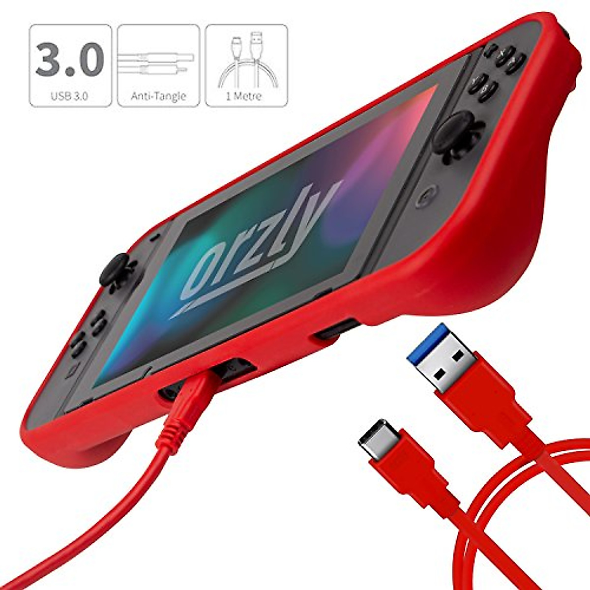 Orzly Switch Accessories Bundle – Carry Case for Nintendo Switch Console (NOT OLED MODEL) Tempered Glass Screen Protectors, USB Charging Cable, Switch Games Case, Comfort Grip Case & Headphones - RED