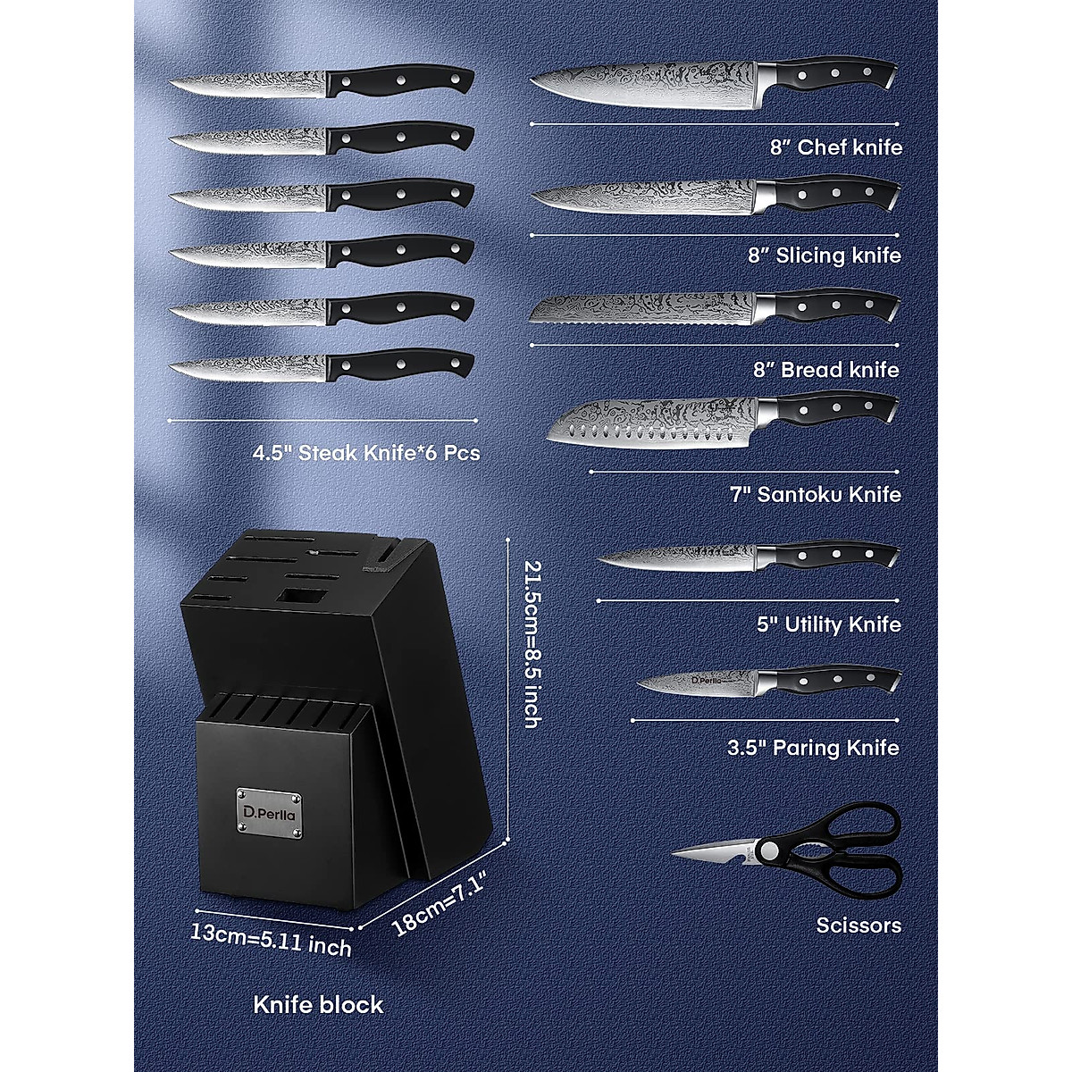 Knife Set, D.Perlla 14 Pieces Kitchen Knife Set with Built-in Sharpener, Stainless Steel Knives Block Set with Unique Waved Pattern, Non-slip Handle, Black