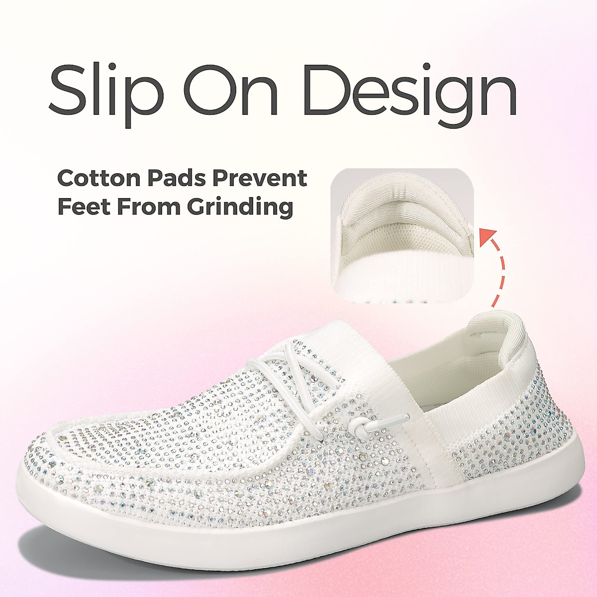 BELOS Women's Rhinestone Lace Up Loafers Shoes Comfortable Slip On Mesh Knit Walking Shoes Fashion Lightweight Sparkly Glitter Sneaker(White,8.5