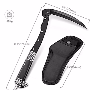 VALHALLA Folding Sickle, Black Sharp Blade with Two Section Foldable Scythe, Wooden Handle Folding Scythe, Folding Sickle Knife, Sheath for easy carrying