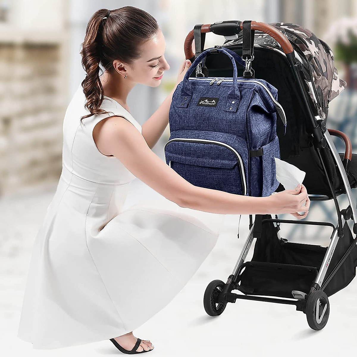 Viedouce Baby Changing Bag, Baby Diaper Bag Nappy Backpack, Maternity Bags with 1 Pcs Diaper Changing Pad and 2 Stroller Straps, Waterproof, Large Capacity for Mom and Dad (Blue)