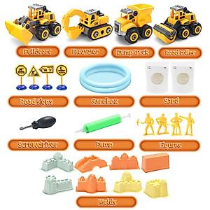 YIDESTARS Play Construction Sand Kit,2.2lbs Magic Sand W/4 Large Take Apart Construction Trucks,1 Sandbox,8 Worker Figures and Road Signs,8 Molds,Toys for 2-8 Years Old Boys Girls
