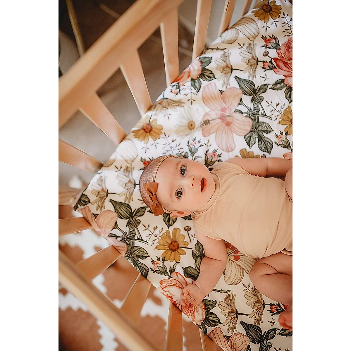 Fitted Crib Sheet (Mini Size) - Garden Floral (White) Design, Woven 100% Cotton for Baby Girl Infant Nursery Bedding and Bassinet Mattress Cover Inspiration by Mini Wander