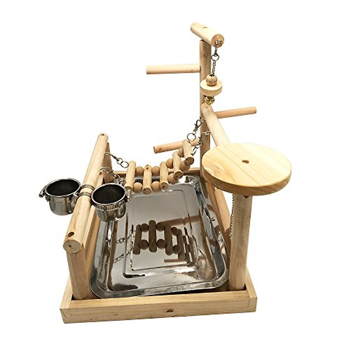 Borangs Parrots Playstand Bird Playground Wood Perch Training Stand Cockatiel Playpen Ladders Birds Swing Wood Gym Tabletop with Feeder Cups Toys Exercise Play(Design B)