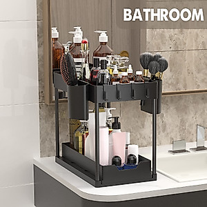 Sealegend 2 Pack Under Sink Organizers,2 Tier Under Sink Organizers and Storage Under Cabinet Slide Out Sliding Shelf with Hanging Cups and Hook,Multi-Use Storage Shelf for Bathroom Kitchen