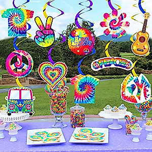 15Pcs Tie dye Birthday Party Decoration Tie Dye Happy Birthday Hanging Swirls for Peace and Love Party Tie Dye Hippie Groovy Carnival Party Supplies