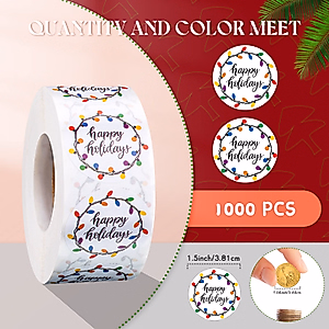 Epakh 1000 Pcs 1.5 Inch Happy Holiday Stickers Christmas Sticker for Envelopes Circle Label Holiday Lights Sticker Round Xmas Tag Envelope Seal Decals for Christmas Greeting Card (Black)
