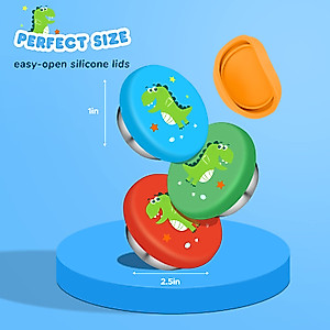 MAIGOZON Kids Salad Dressing Containers To Go, 1.7 oz Small Condiment Containers with Dinosaurs Leakproof Silicone Lids, Reusable Stainless Steel Sauce Dip Cup for Kids Boys Lunch Bento Box, 4PCS