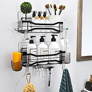 ENIBOE Shower Caddy 2 Pack Stainless Steel Shower Organizer Adhesive Shower Shelves Wall Mounted Shower Rack for Inside Shower No Drilling Bathroom Organizer Waterproof Shower Shampoo Holder Black