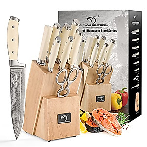 NANFANG BROTHERS Knife Set, 9 Pieces Damascus Knife Sets for Kitchen with Block, ABS Triple Rivet Ergonomic Handle for Chef Knife Set, Knife Sharpener and Kitchen Shears, Knife Block Set