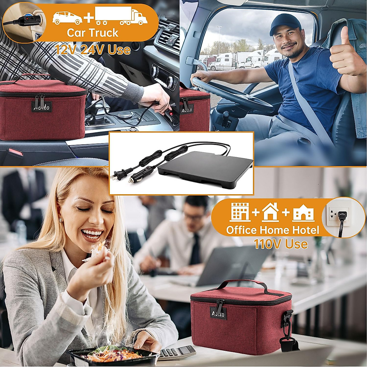 Aotto Electric Lunch Box Food Heater - 12V/24V/110V 3-in-1 Portable Oven & Food Warmer, Heated Lunch Box for Adults, Cook, Reheat, Keep Meals Warm for Car, Truck, Office, Travel, Home - Red