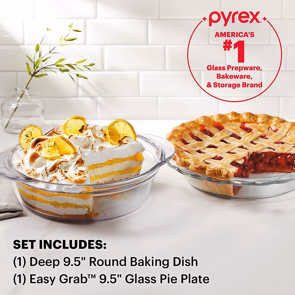Pyrex Deep 2-Pack (9.5") Glass Baking Dish Set, Round Pie Glass Bakeware, Dishwasher, Microwave, Freezer & Pre-Heated Oven Safe