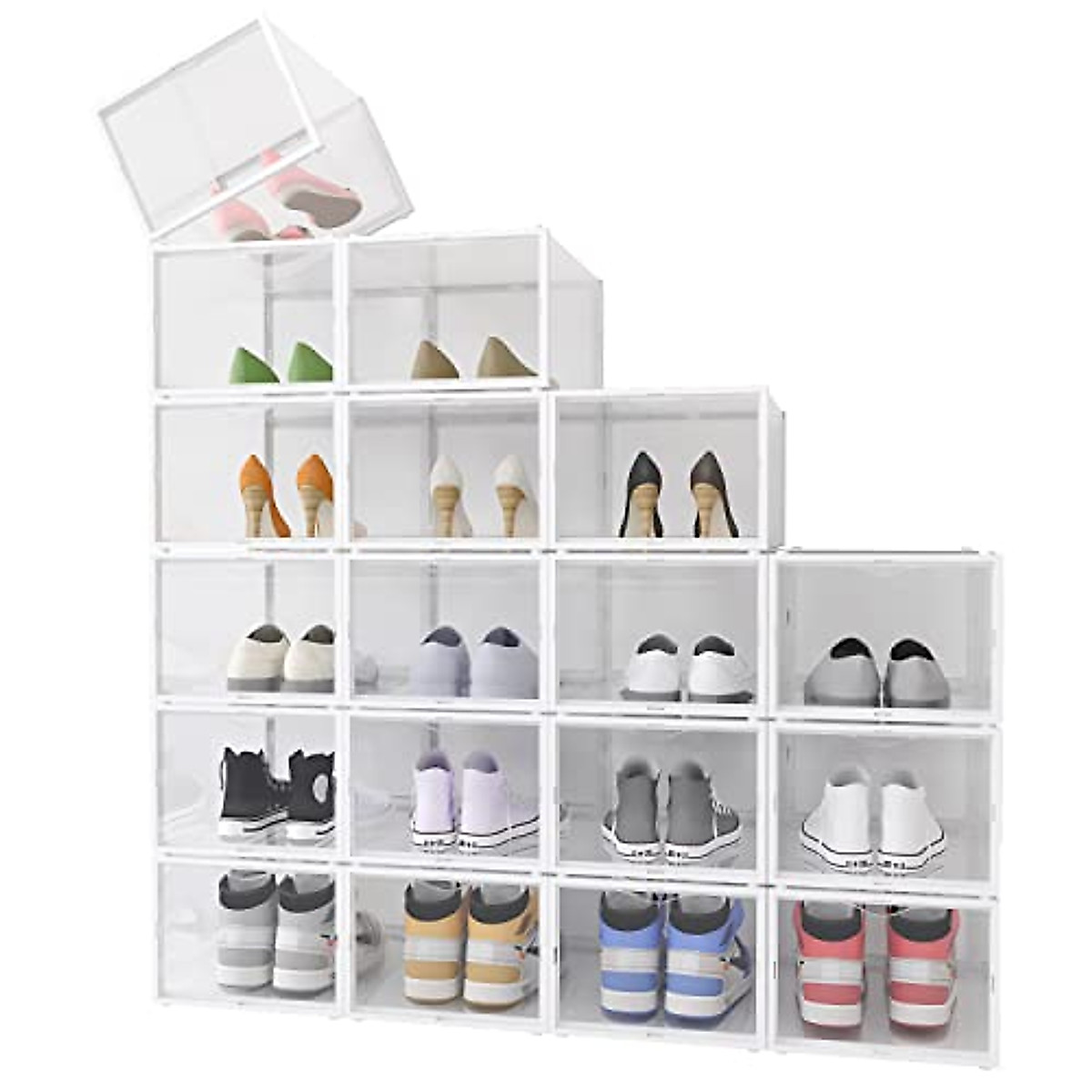 WAYTRIM Clear Plastic Shoe Storage Boxes, Foldable 18 Pack Stackable Shoe Organizer for Closet, Drop Front Door Sturdy Sneaker Containers for Women’s Size 14 - Large