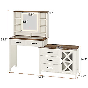 HAUOMS Farmhouse Vanity Desk with Openable Mirror and Lights, White Vanity Table with Drawer Dresser, Glass Top and Charging Station, Large Makeup Desk with 5 Drawers, 9 Shelves, Antique White