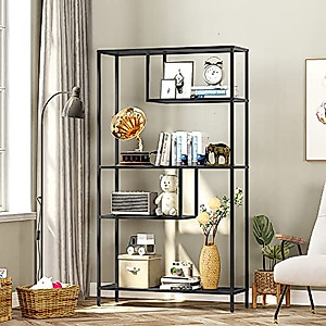 HOME BI Bookshelf,4 Tier Metal Frame Bookcase, Tall Book Shelf,Open Display Shelves for Office, Study Room, Living Room,Black 13" D x 39.37" W x 70.08" H