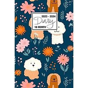 2023 - 2024: 18 Month Diary A5 Week to View on 2 Pages Weekly Journal Agenda WO2P Planner Jul 23 to Dec 24 Horizontal With Moon Phases, UK & US ... Canine Companions Floral Teal Pink Dog-themed